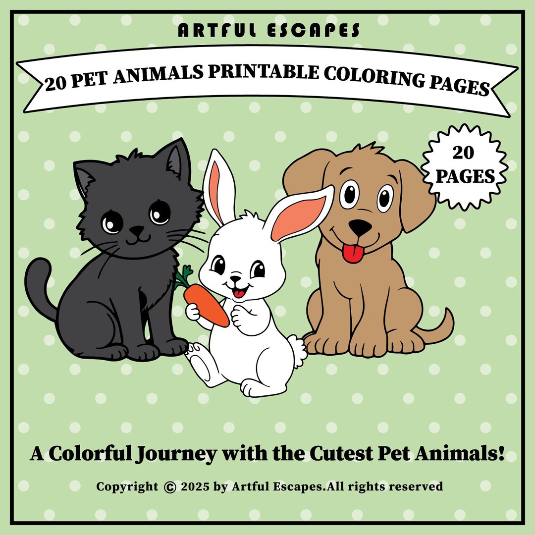 Pets Coloring Book | 20 Pages | Pet Coloring Pages | Dog Cat Rabbit ...