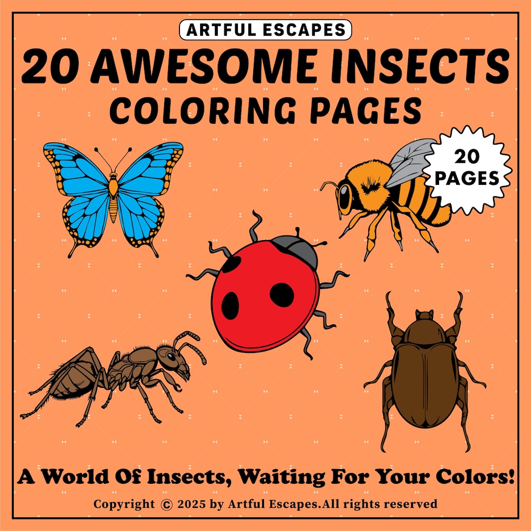 20 Insects Coloring Pages for Kids: Printable Bug Art Worksheet (PDF ...