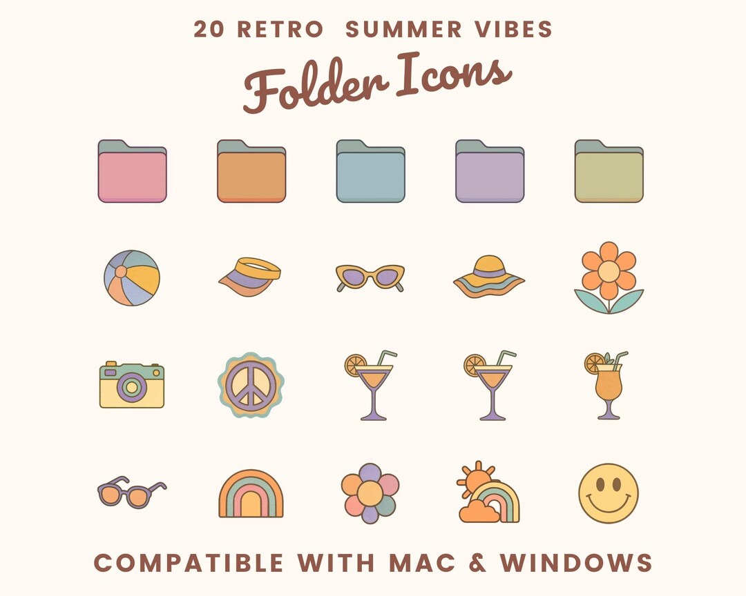 Groovy 70s Summer Folder Icons: Pastel Retro Desktop Theme (digital ...