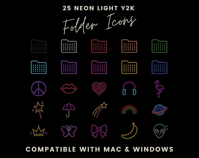 150 Desktop Icon Set Black Folder Icons for Mac + Windows | Neon Lights ...