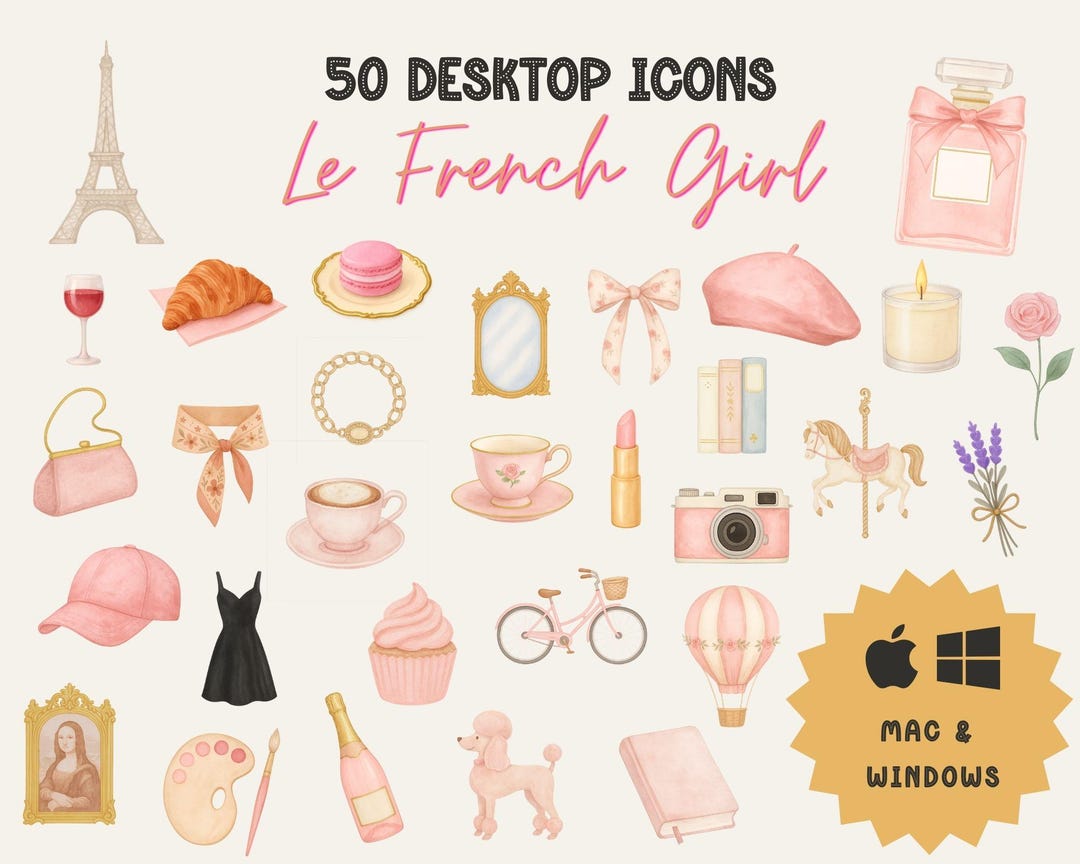 50 French Girl Desktop Icons | Pink Aesthetic Folder Icons Mac Windows ...