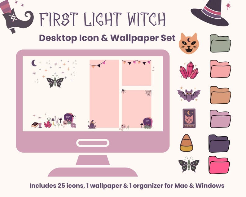 Witch Desktop Organizer Wallpaper & Icons: Pastel Halloween Theme ...