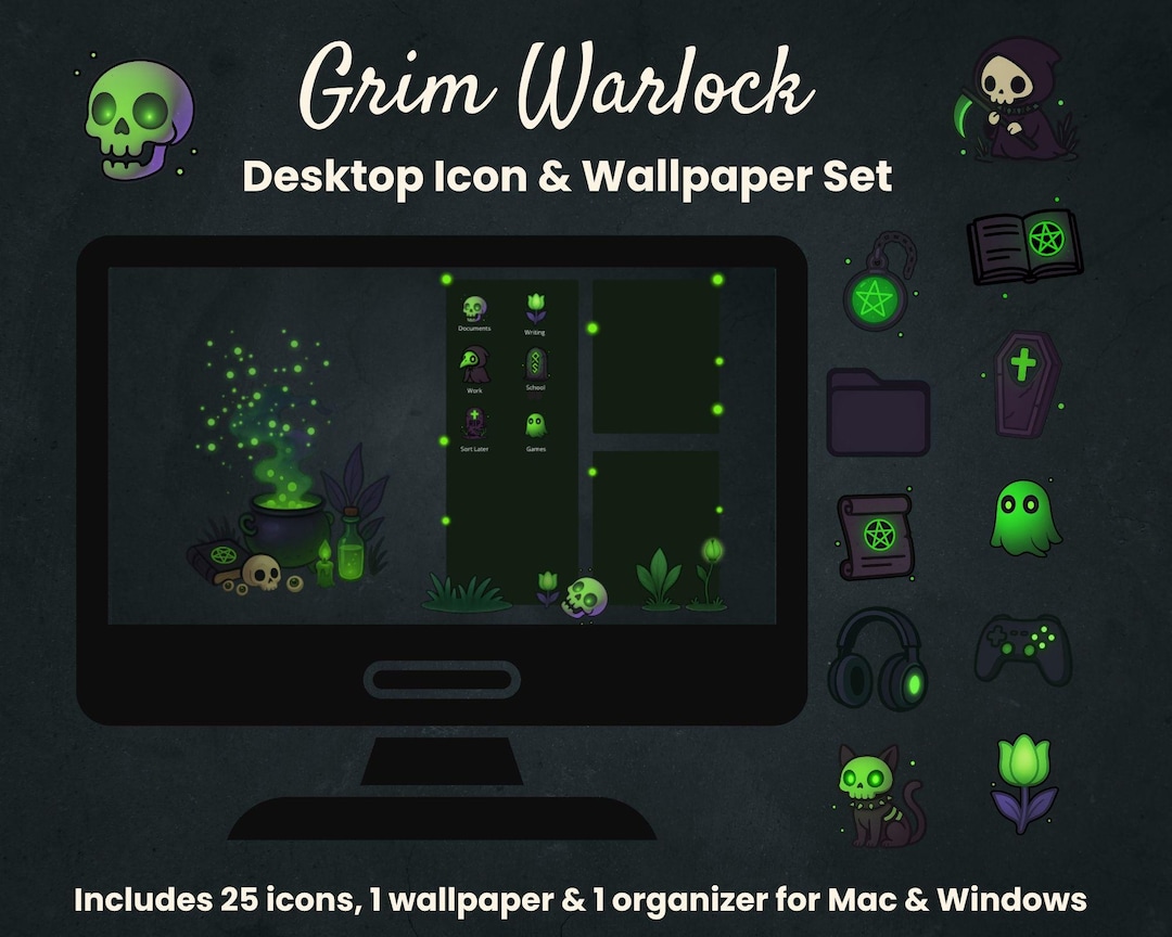 Grim Reaper Desktop Theme: Green Gothic Icons, Mac & Windows (digital ...