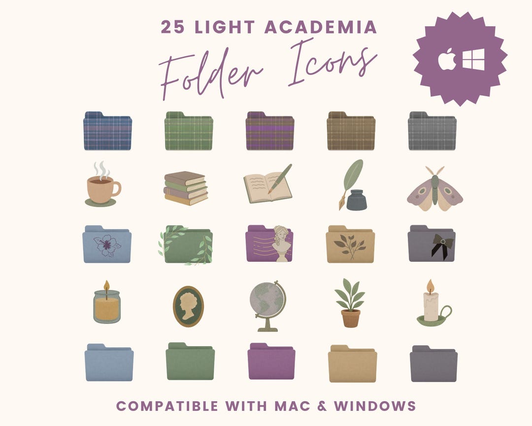 25 Light Academia Folder Icons, Muted Tones, Mac & Windows (digital ...