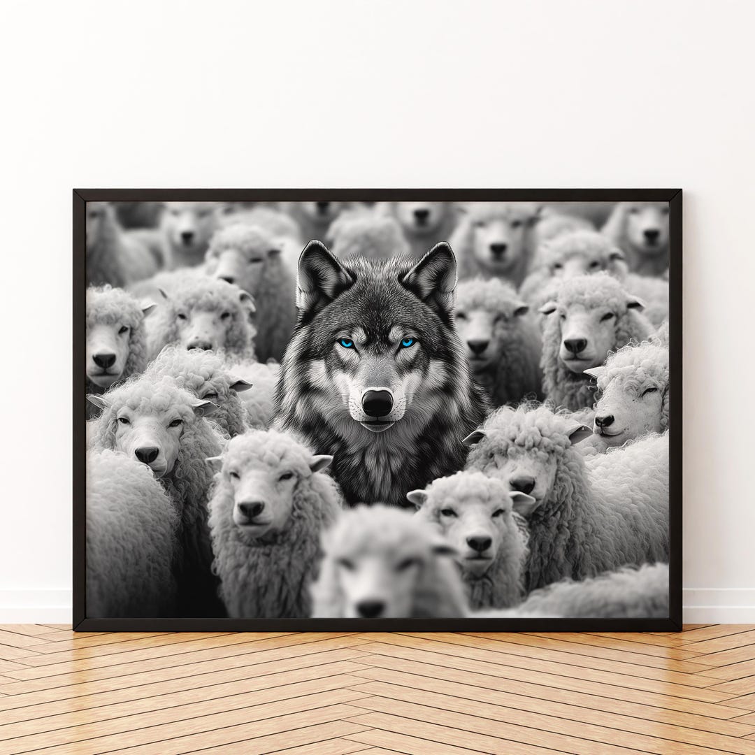 Wolf and Sheeps, Black and White Art, Animals Wall Art, Canvas Print, Wall Art, Poster Print ...