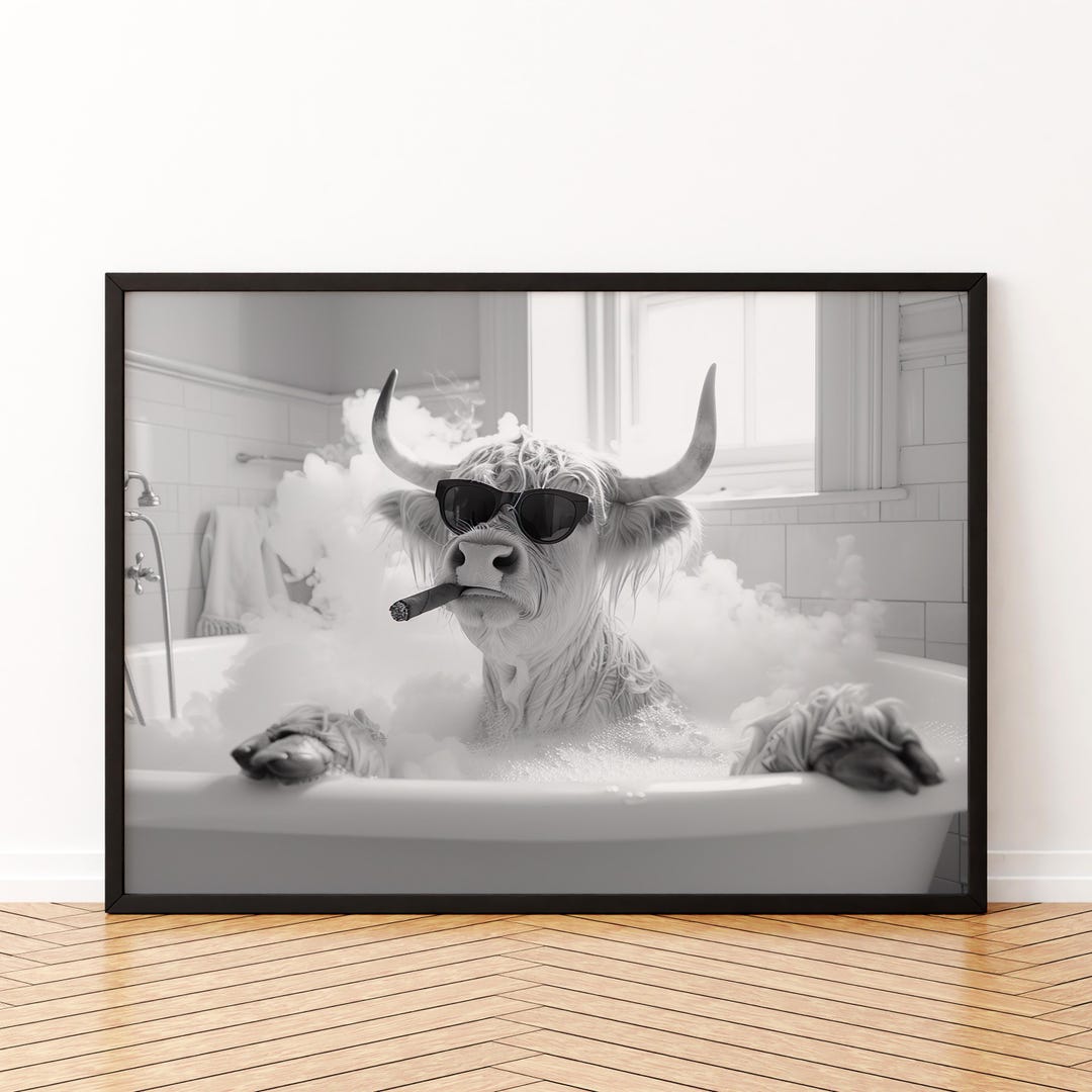 Highland Cow in Bath Smoking Cigar, Black and White Art, Funny Art ...