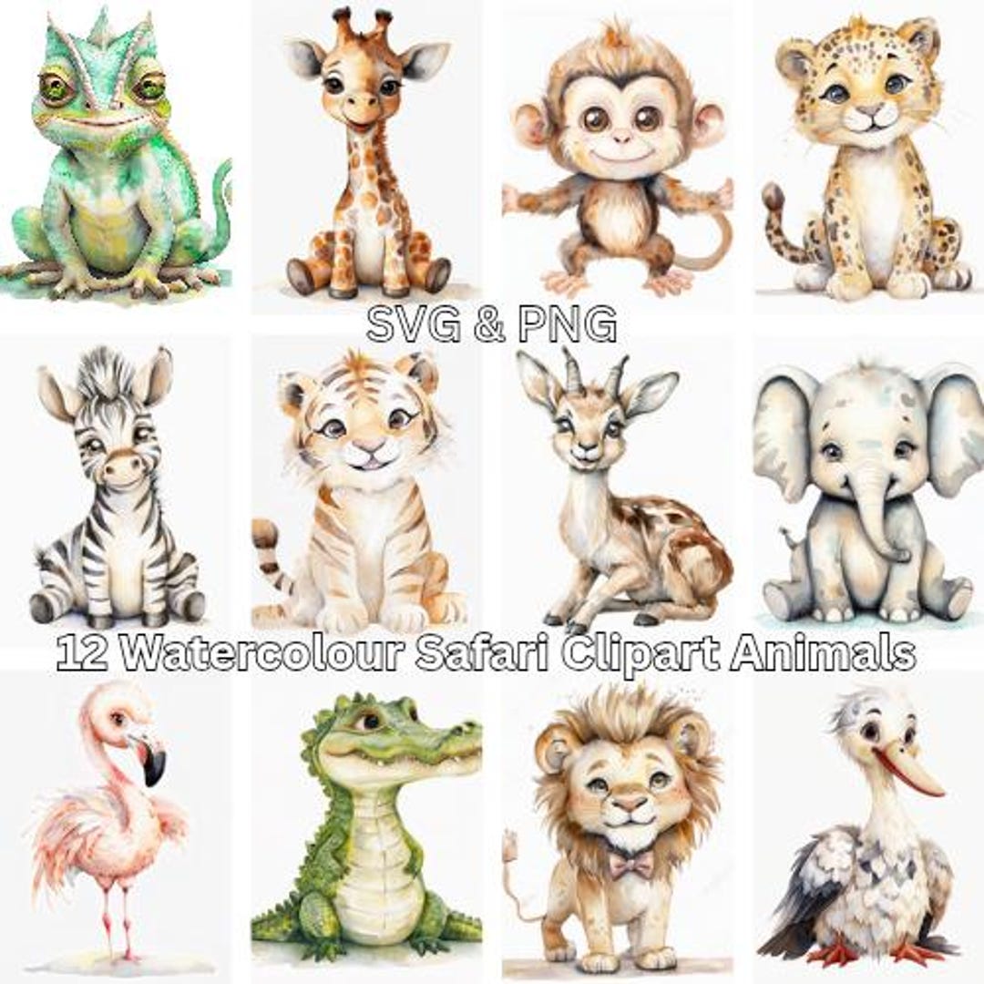 12 Watercolour Safari Animals, Nursery Safari, Clipart Safari Animals ...