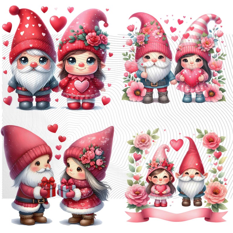 Watercolor Valentine Gnome Couple Clipart | Romantic PNG (digital ...