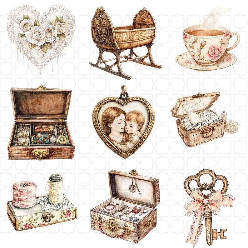 Antique Beige Mother’s Day Clipart PNG Bundle, Vintage Floral Mom ...