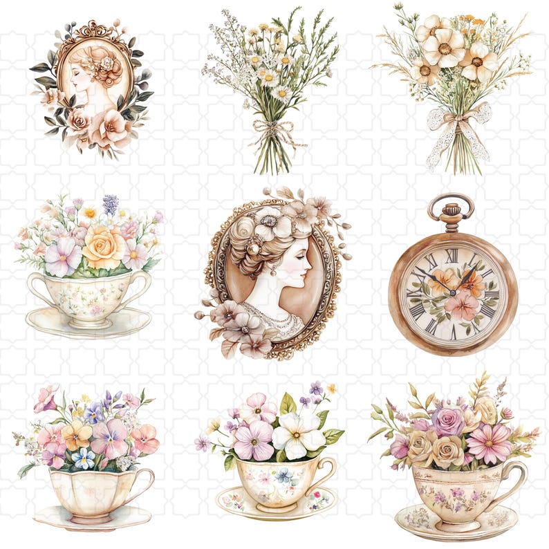 Antique Beige Mother’s Day Clipart PNG Bundle, Vintage Floral Mom ...
