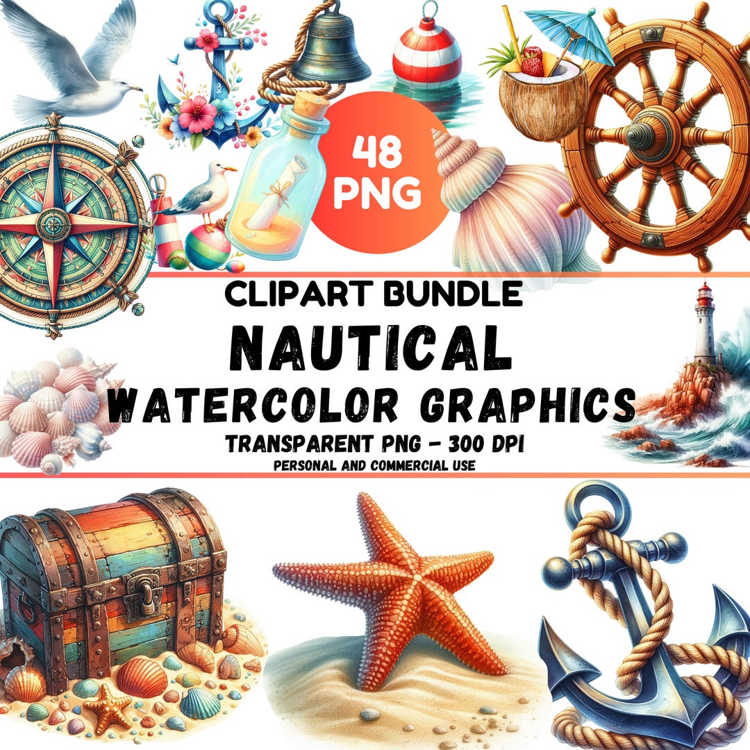 48 Nautical Watercolor Clipart Bundle | Coastal Sea PNG | Anchor, Ship ...