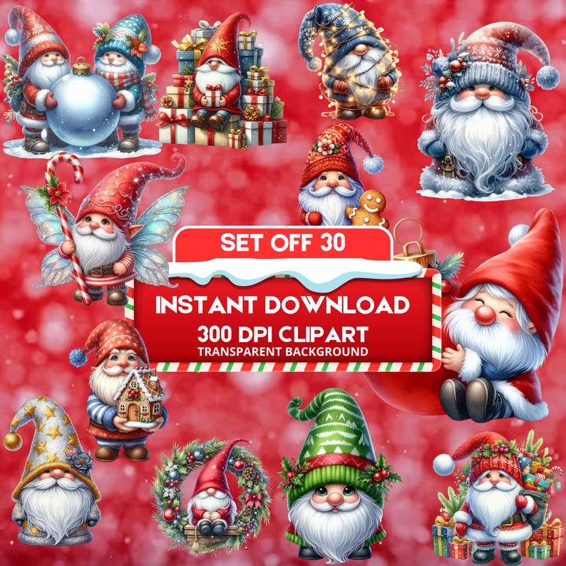 Christmas Gnome Clipart | Santa PNG Set, Holiday Illustrations (digital ...
