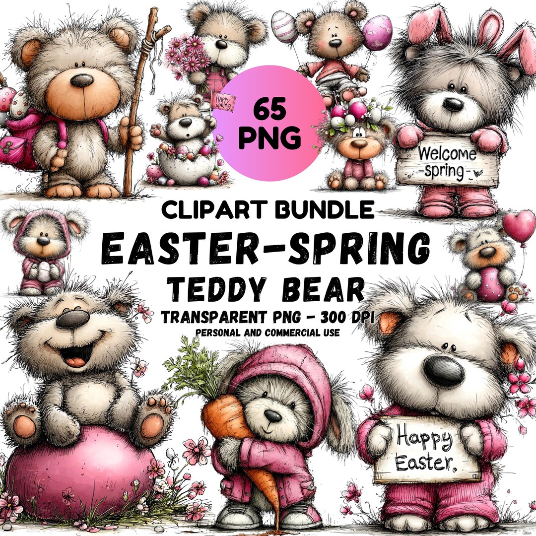Easter Spring Teddy Bear Clipart Bundle | Bunny Bears, Eggs, Flowers ...