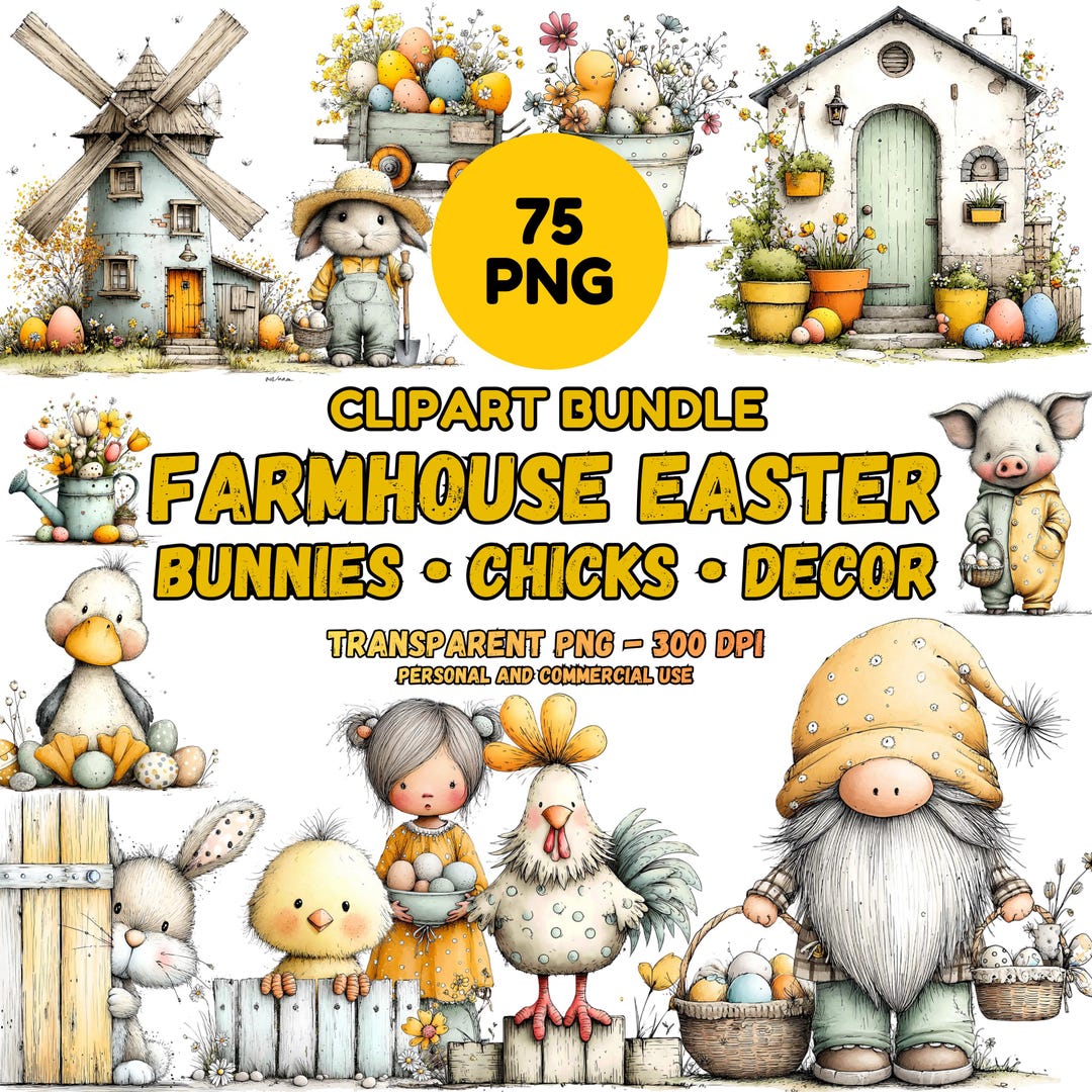 Farmhouse Easter Clipart Bundle | 75 PNG, Bunnies Chicks Eggs, Rustic ...