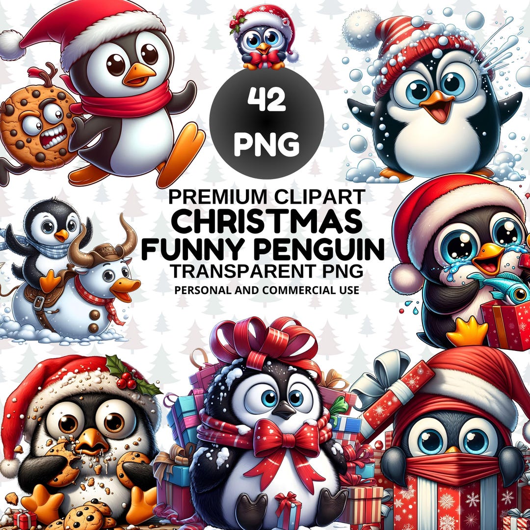 Christmas Penguin Clipart | 42 PNG Graphics + Lights Bonus (digital ...