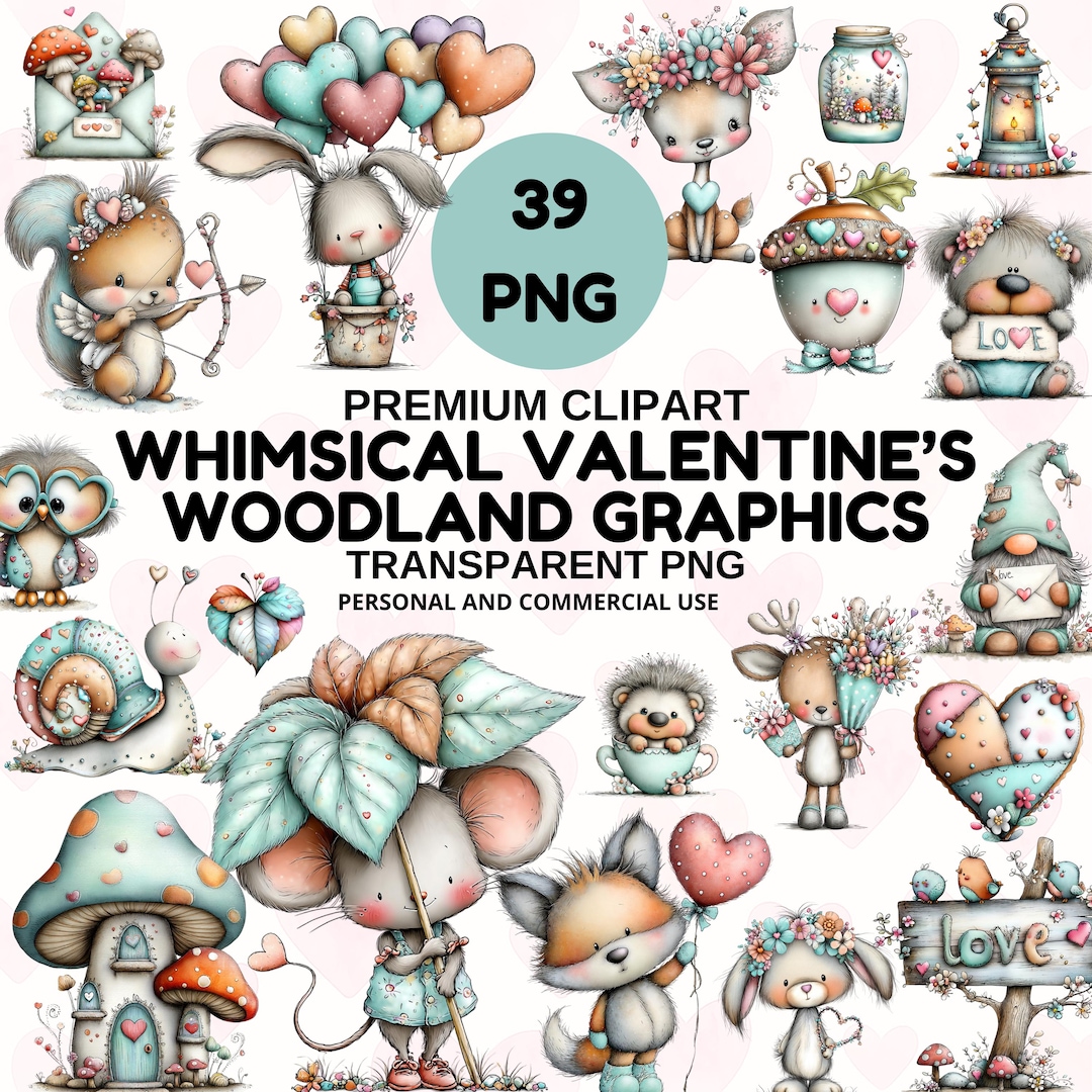 Woodland Valentine Clipart | Forest Animals, Hearts PNG (digital ...