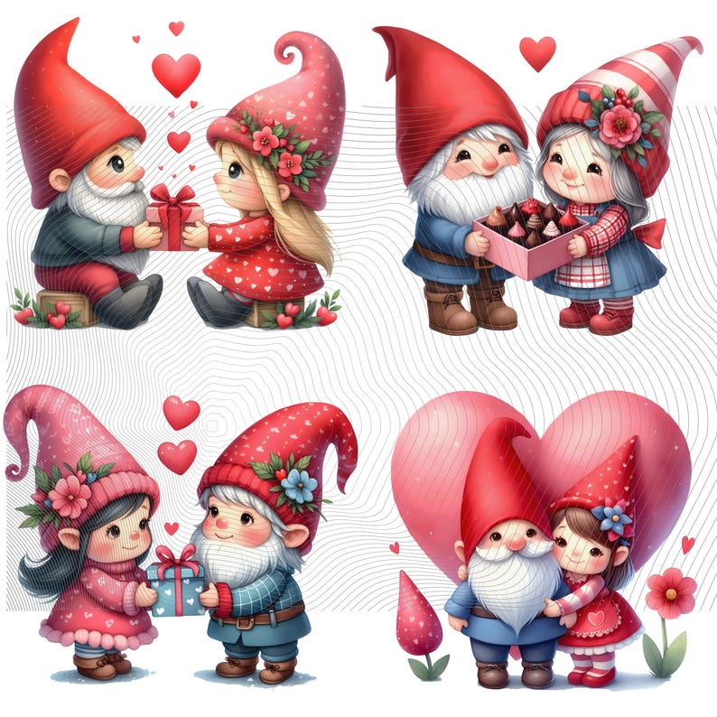 Watercolor Valentine Gnome Couple Clipart | Romantic PNG (digital ...