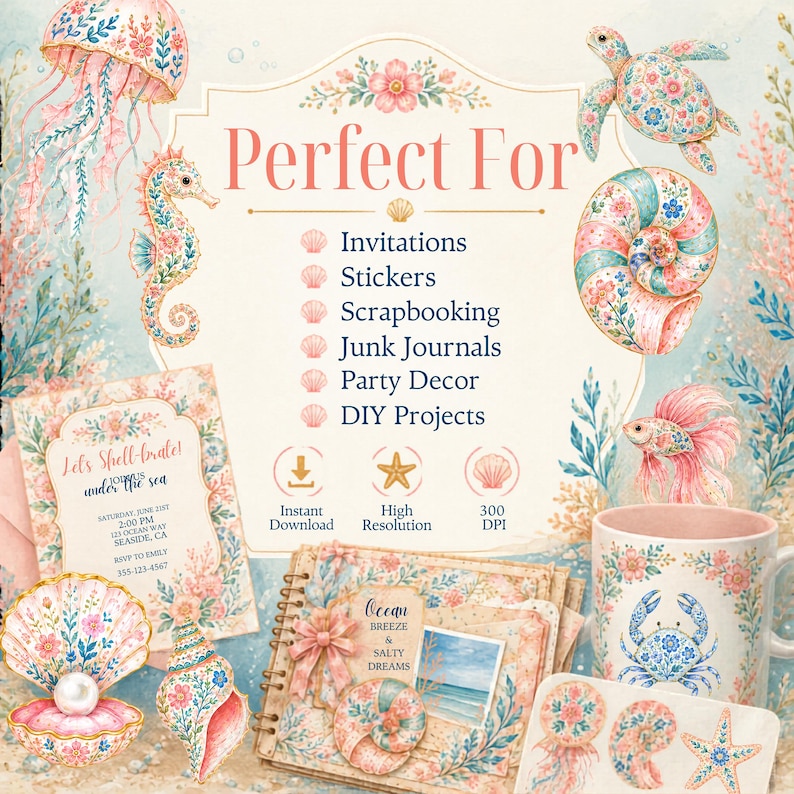 Watercolor Tropical Reef Clipart, Decorative Sea Creatures, Colorful ...