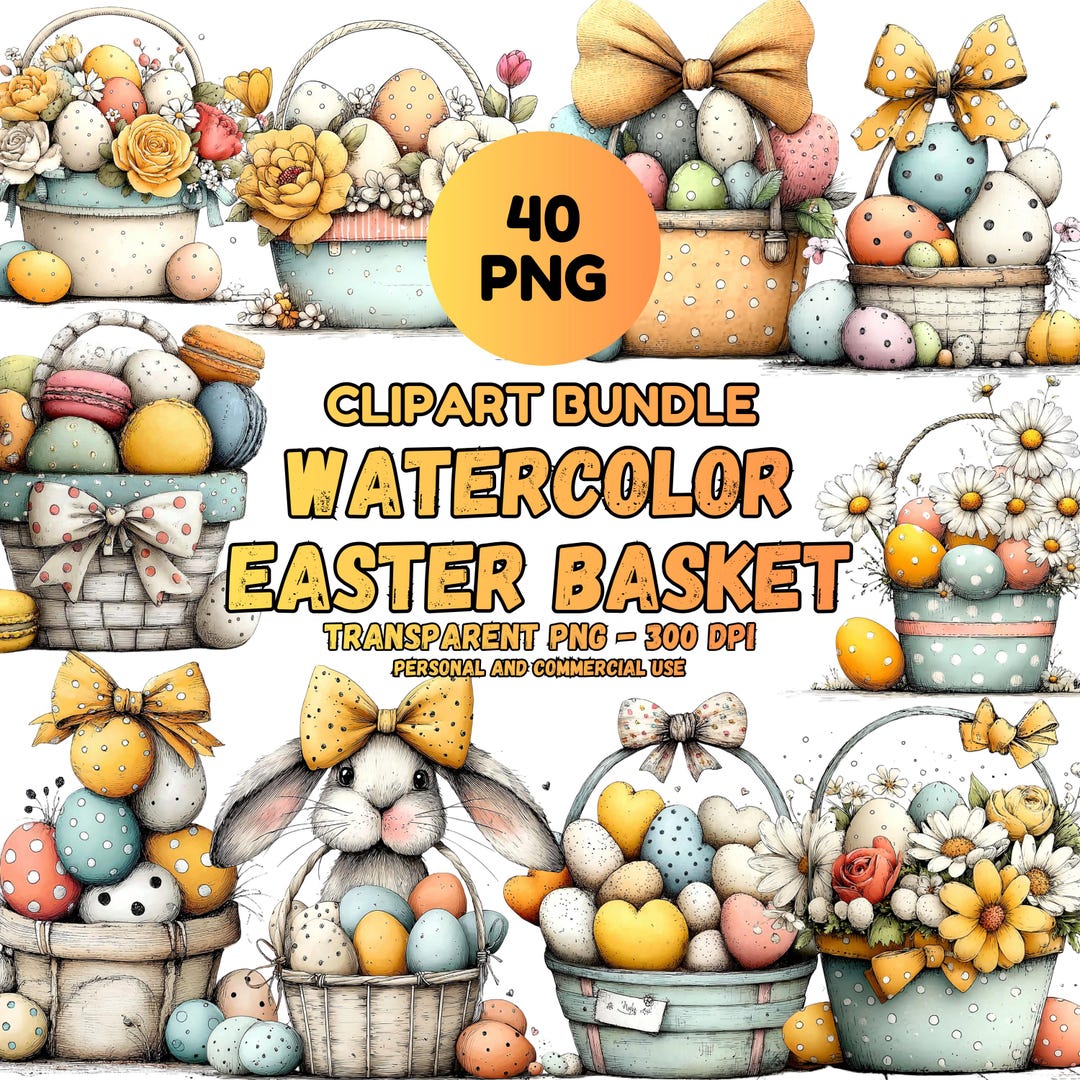 Watercolor Easter Basket Clipart Bundle | Egg Basket, Floral Spring ...