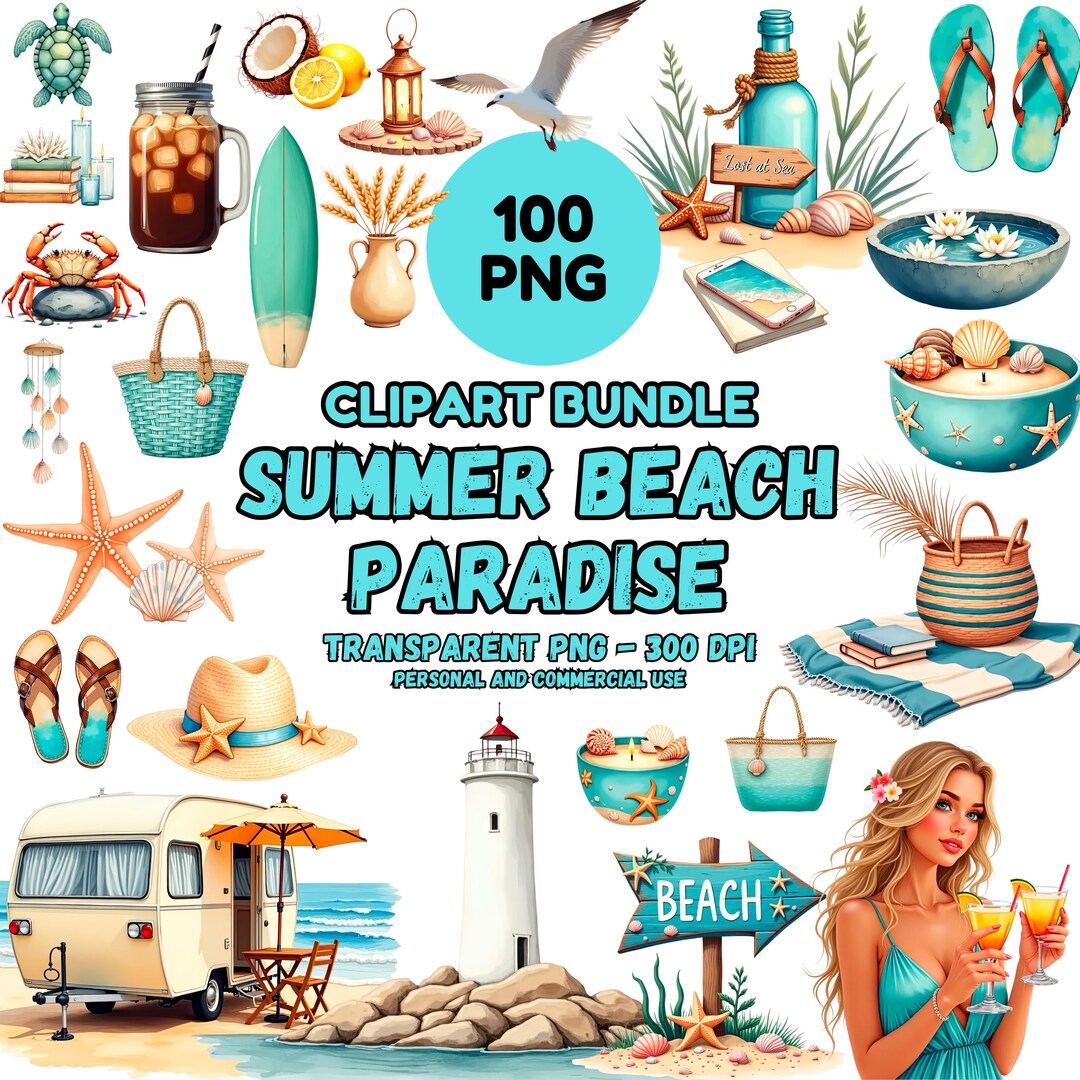 100 Summer Beach Clipart Bundle | Coastal Paradise PNG, Tropical ...
