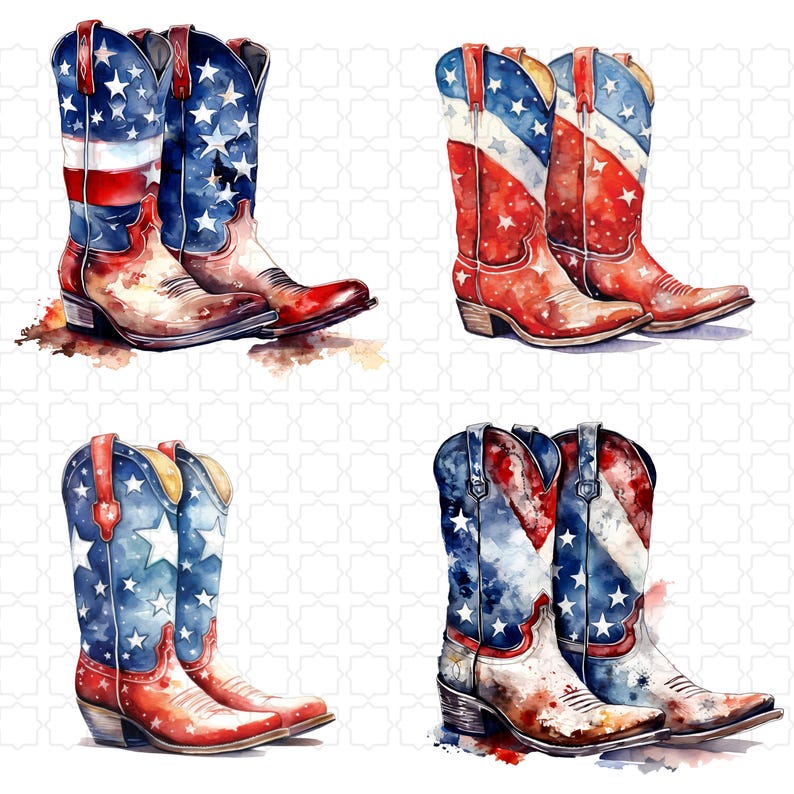 Patriotic Western Boots Clipart, Watercolor Cowboy Boot PNG, 4th of ...