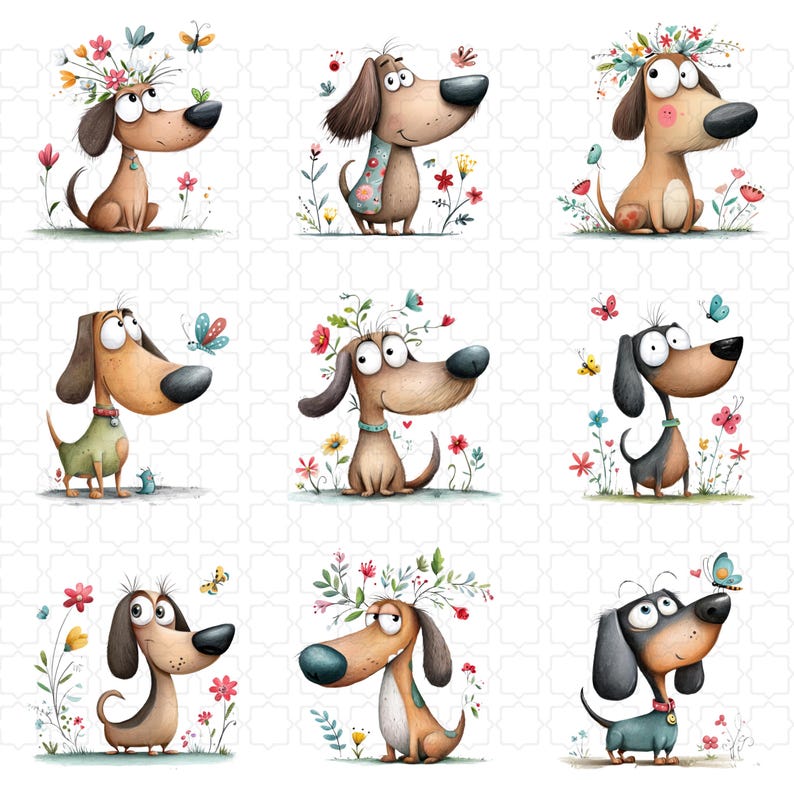 64 Whimsical Spring Dachshund Clipart | Sausage Dog , Floral Pup ...