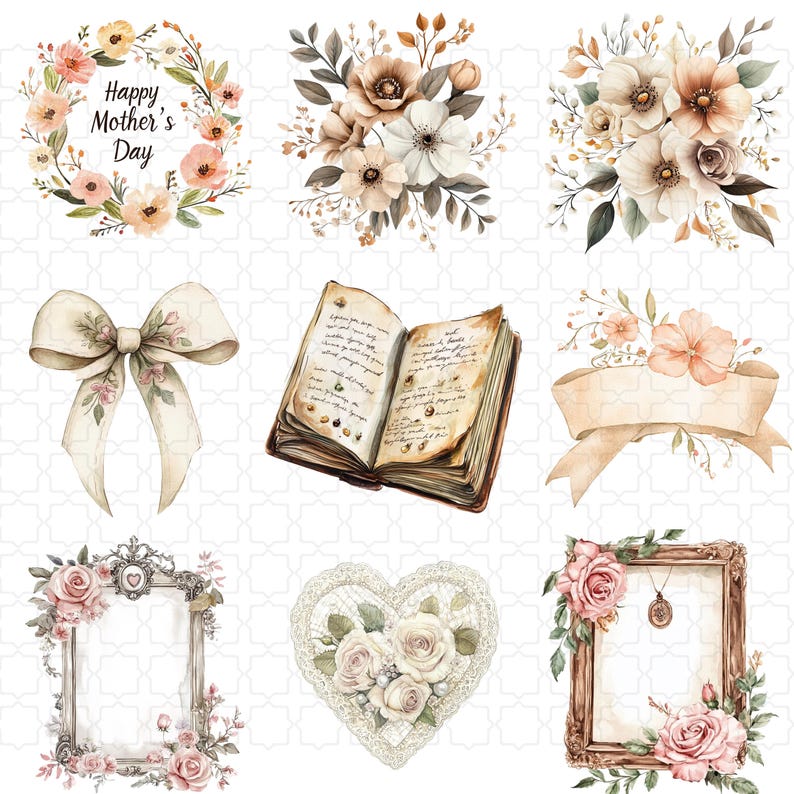 Antique Beige Mother’s Day Clipart PNG Bundle, Vintage Floral Mom ...