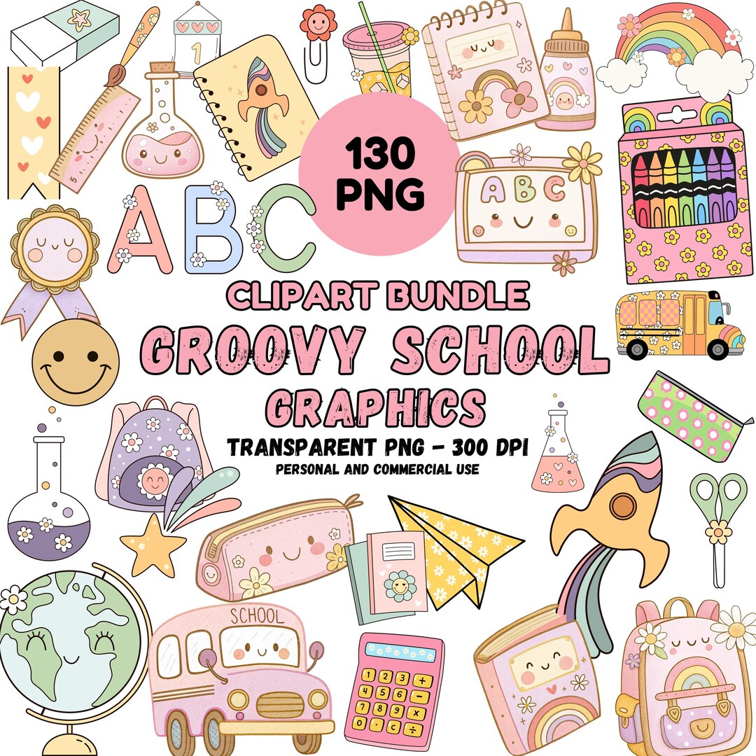 130 Groovy School Clipart Bundle | Retro Back to School Graphics ...