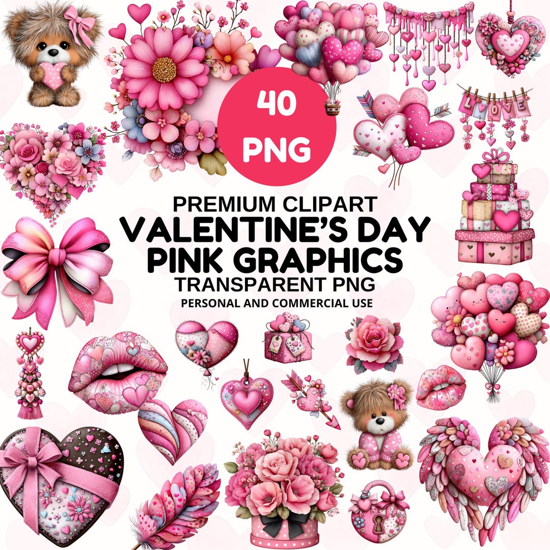 Pink Valentine Clipart Bundle | Hearts, Bows, Lips, Flowers | 40 ...
