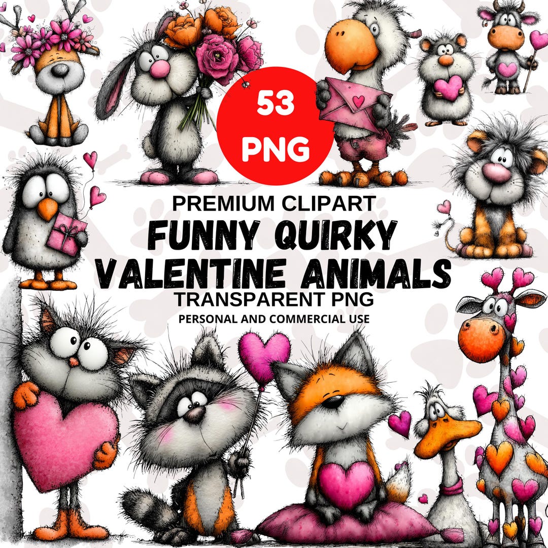 Funny Valentine Animals Clipart | 53 PNG, Transparent Background - Etsy