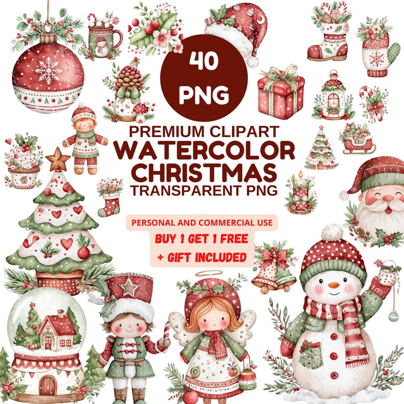 40 Watercolor Christmas Clipart Bundle Transparent PNG | Holiday Art ...