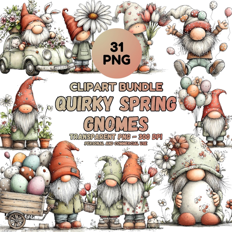 Quirky Spring Gnomes Clipart | Easter Gnome | Eggs, Bunnies, Flowers ...