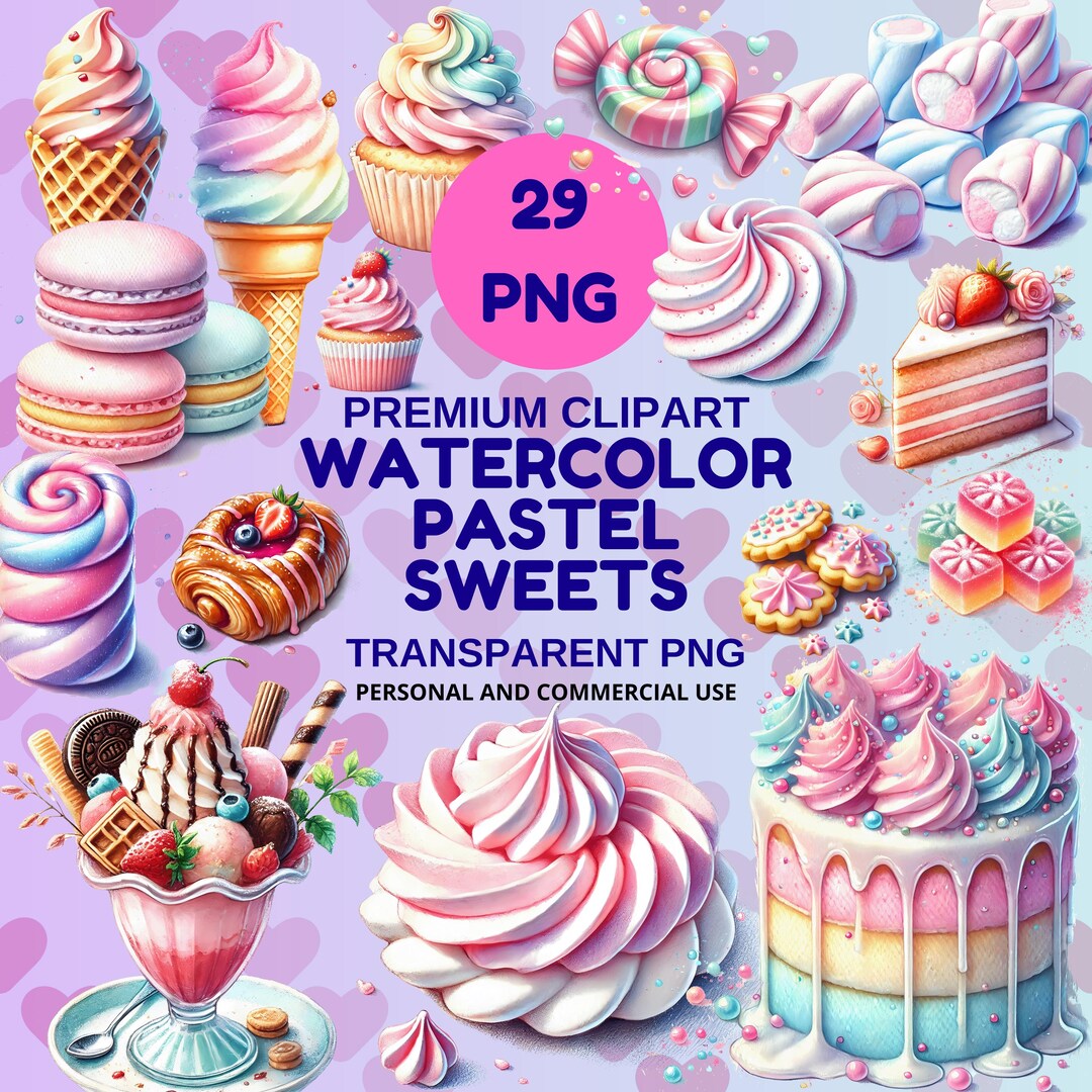 Watercolor Pastel Sweets Clipart Transparent PNG | Marshmallow, Candy ...