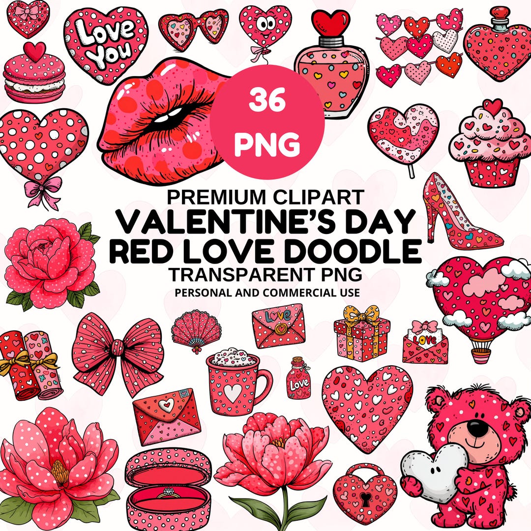 Watercolor Valentine Clipart, Hand Drawn Heart & Love Doodle Red ...