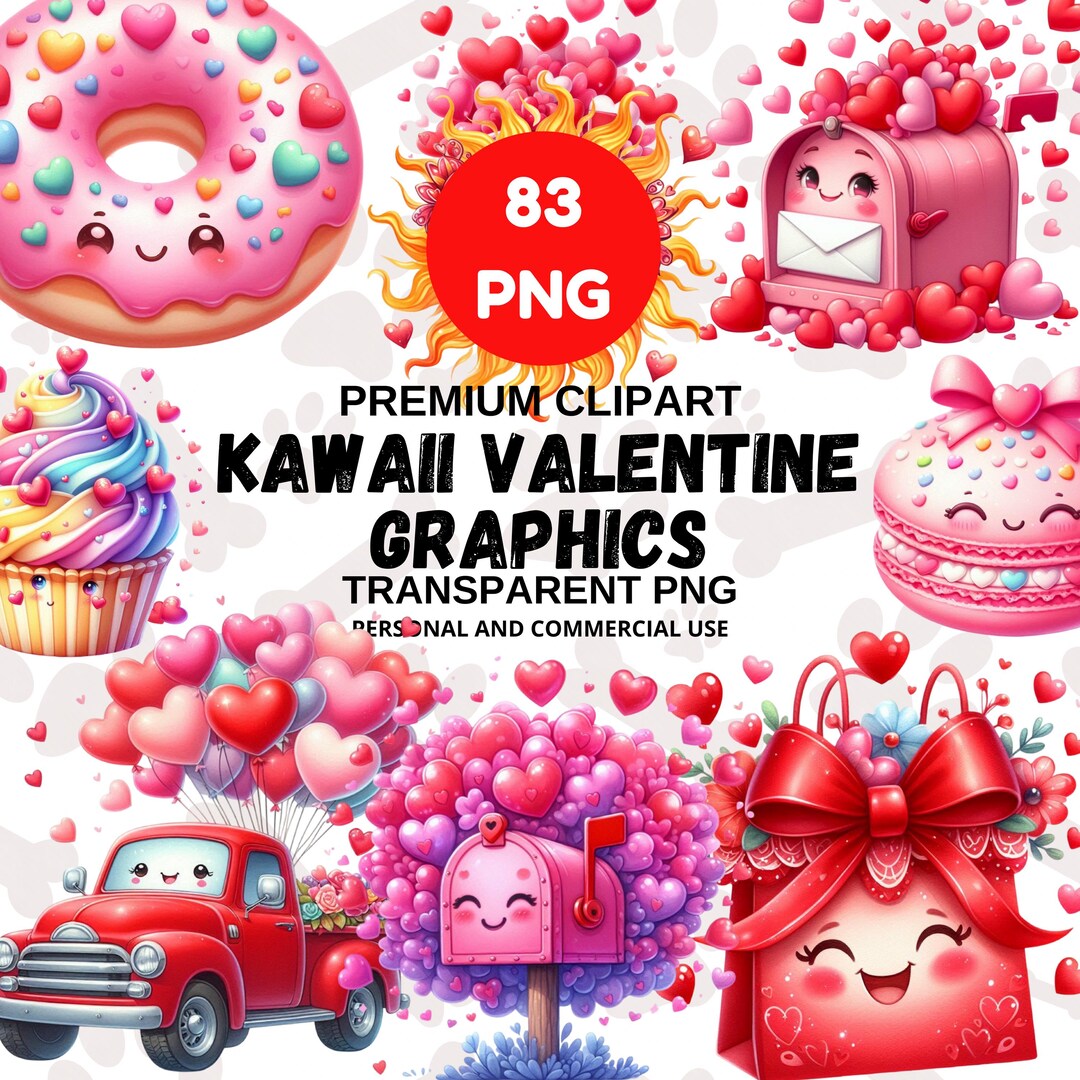 Kawaii Valentine Clipart Bundle – Watercolor PNG Graphics (digital ...
