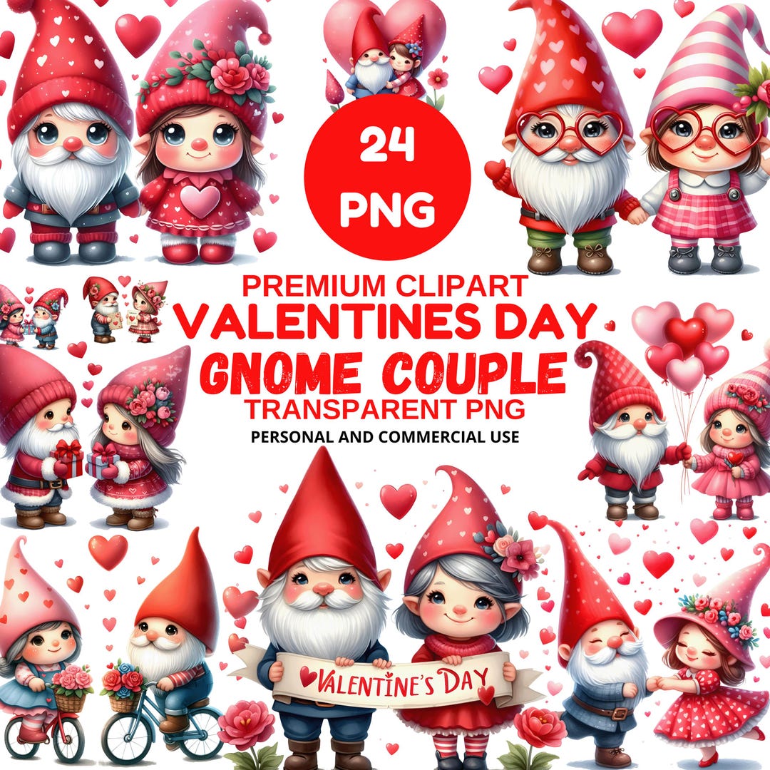 Watercolor Valentine Gnome Couple Clipart | Romantic PNG (digital ...