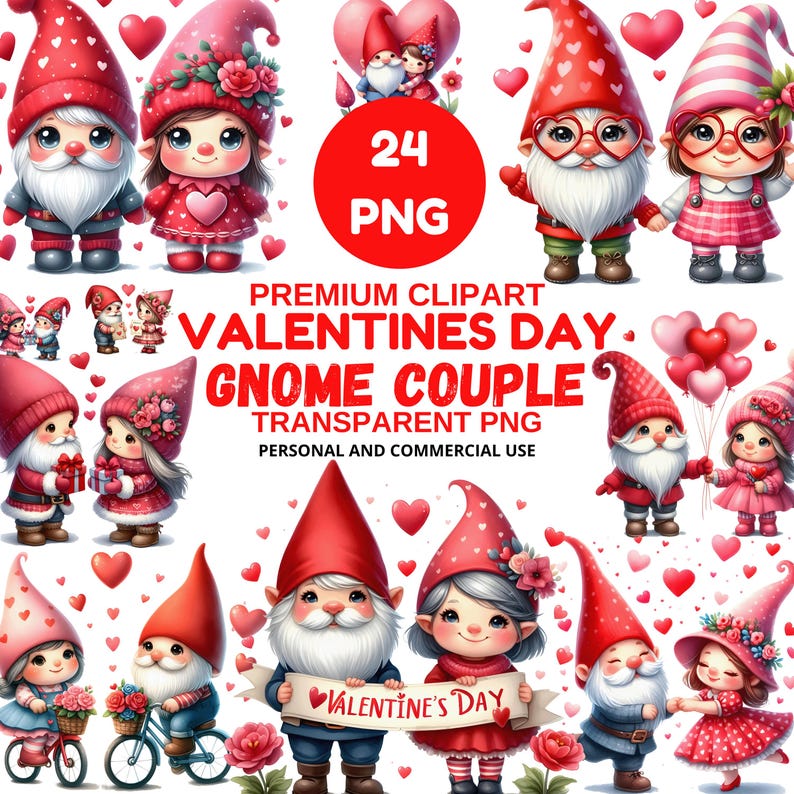 Watercolor Valentine Gnome Couple Clipart | Romantic PNG (digital ...