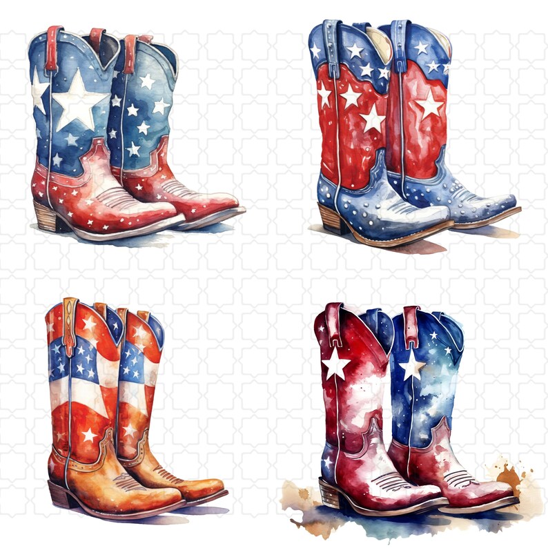 Patriotic Western Boots Clipart, Watercolor Cowboy Boot PNG, 4th of ...