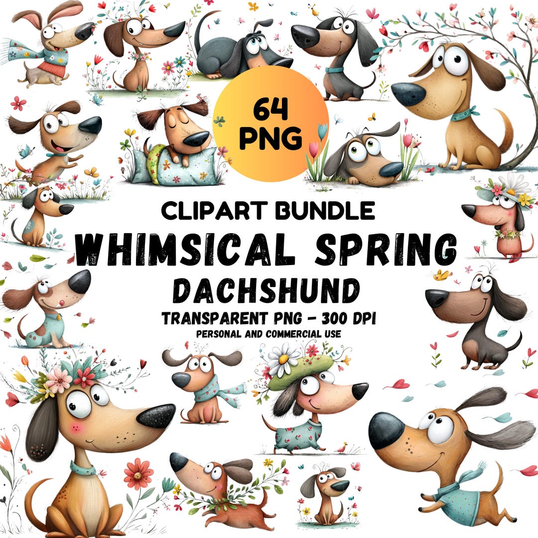 64 Whimsical Spring Dachshund Clipart | Sausage Dog , Floral Pup ...