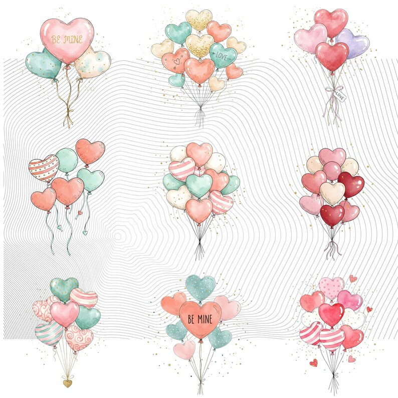 Watercolor Heart Balloons Clipart | Pastel Valentine PNG Set - Etsy