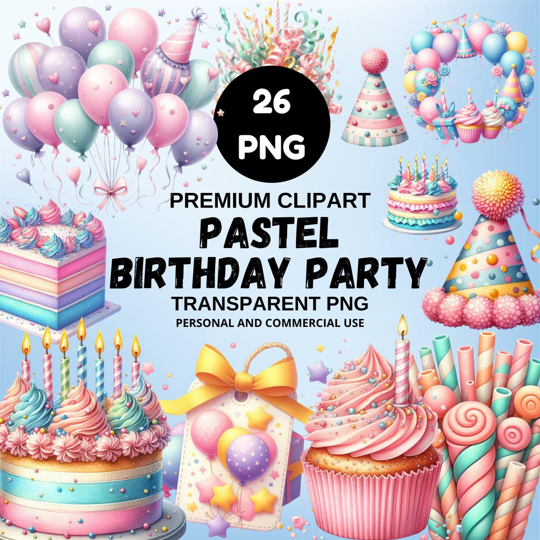 Pastel Birthday Party Clipart | Balloons, Cupcake, Cake Topper ...