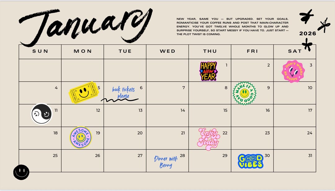 Retro Motivational 90s Inspired 2026 Calendar **DIGITAL DOWNLOAD** - Etsy
