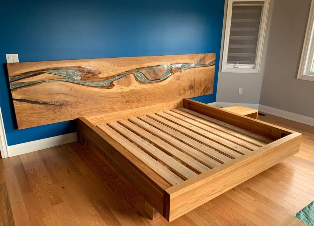 Live Edge Platform Bed Frame, Floating Epoxy Solid Wood Bed Frame ...