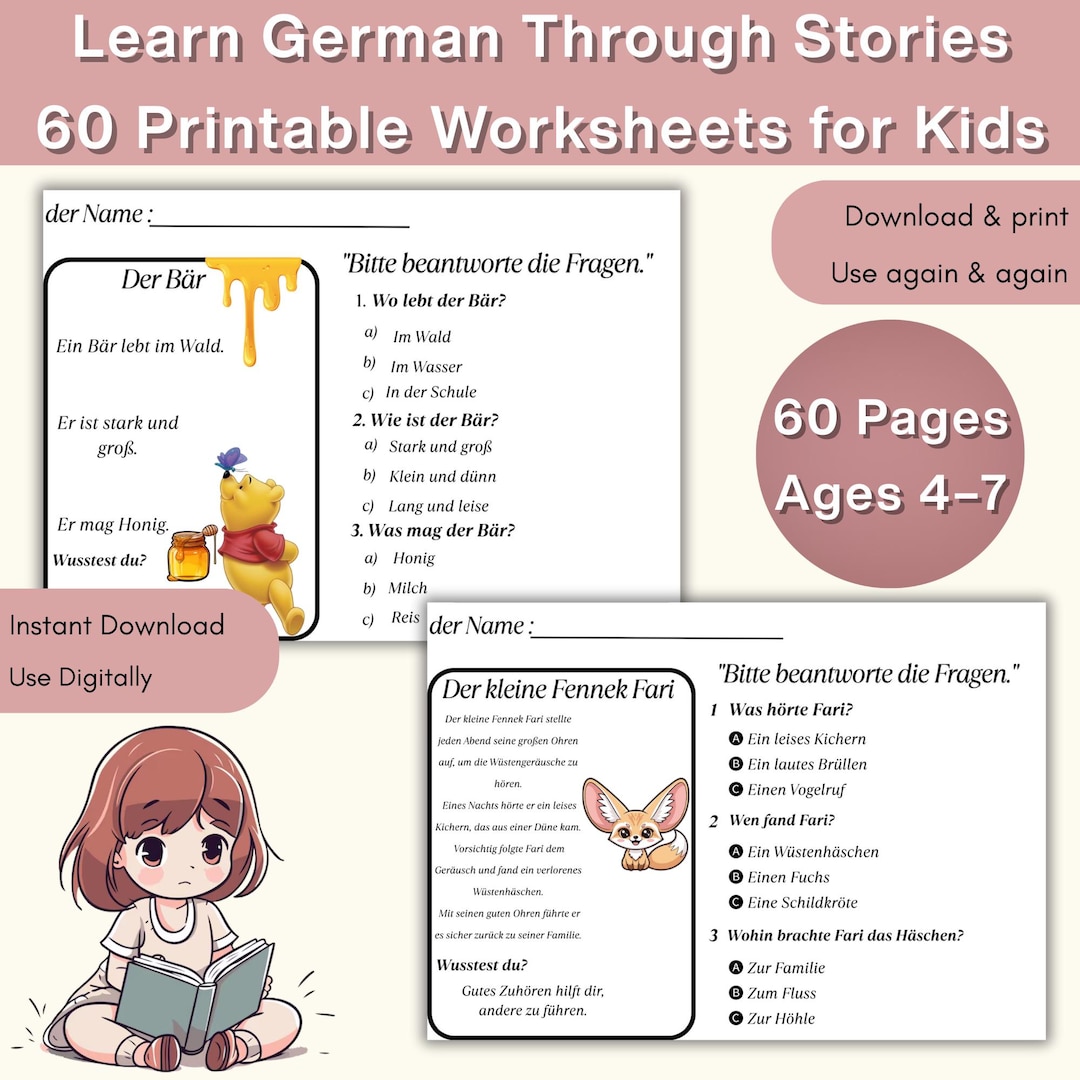 60 German Reading Comprehension Worksheets, Beginner German Short ...