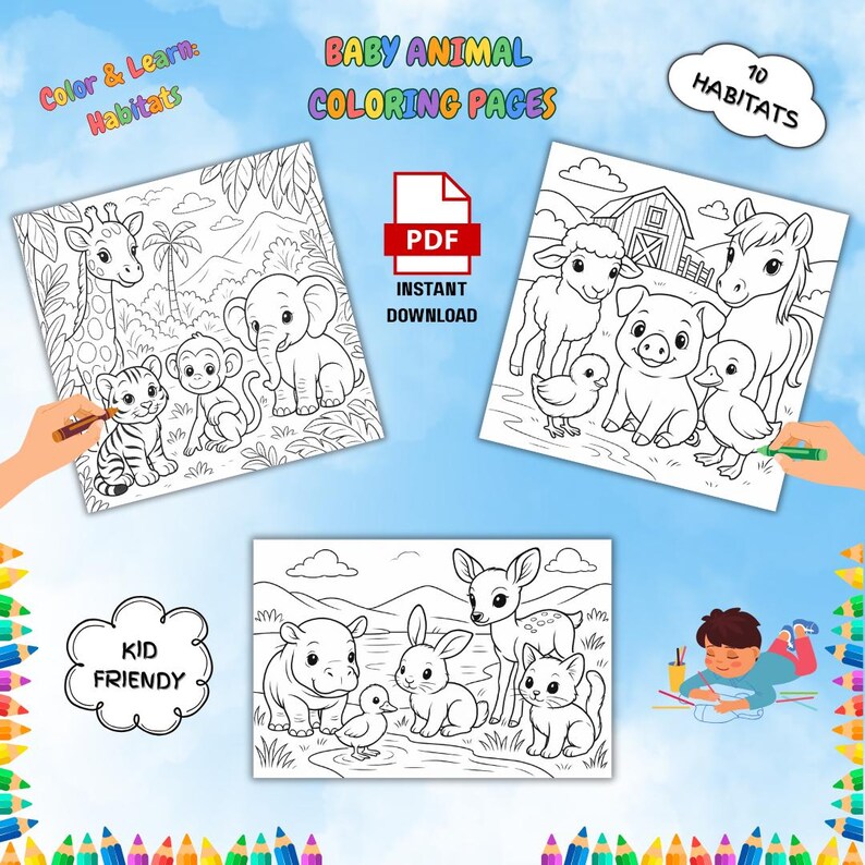 Baby Animal Coloring Pages for Kids – 10 Printable Sheets – Jungle ...
