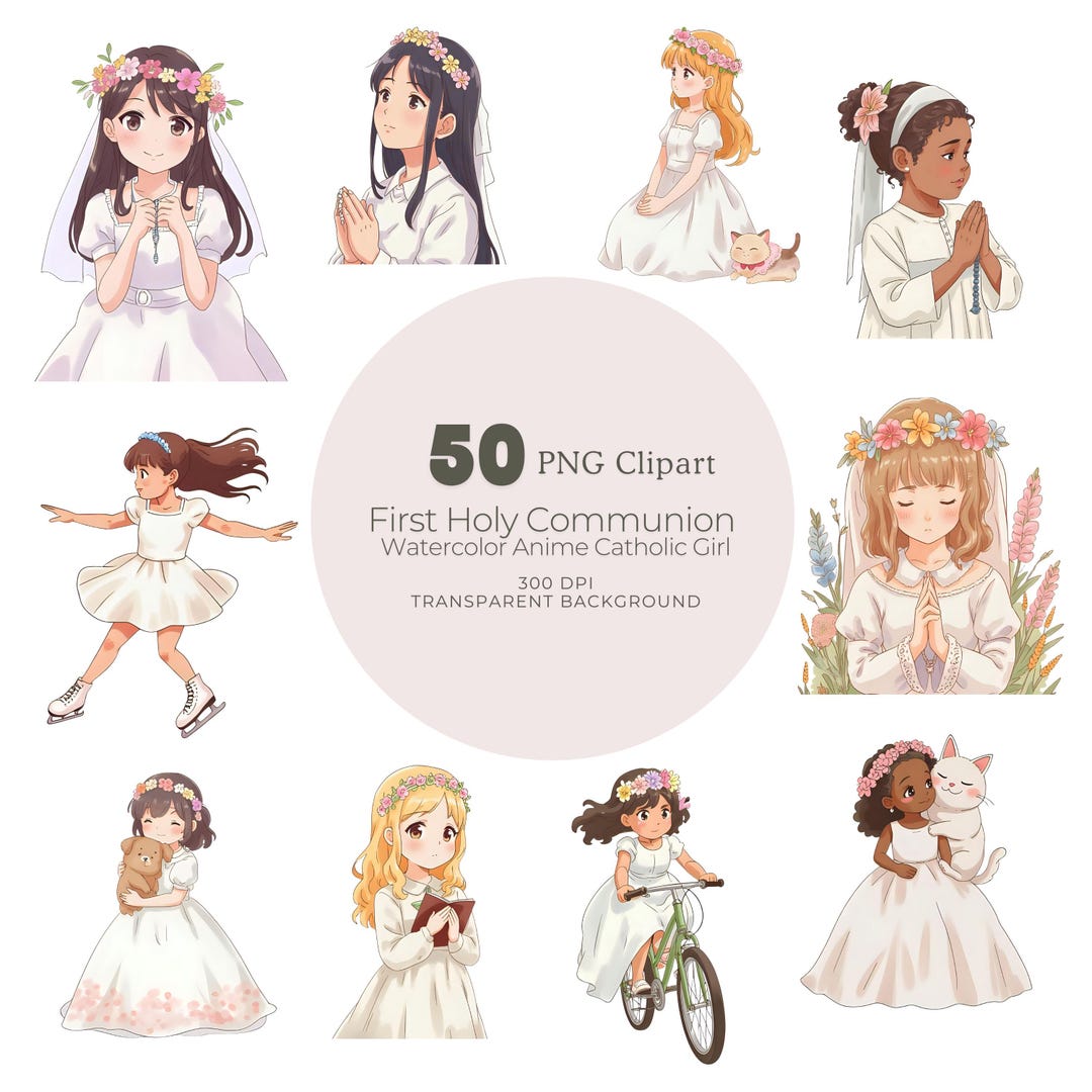 First Holy Communion Girl Clipart. Watercolor Anime Catholic and ...