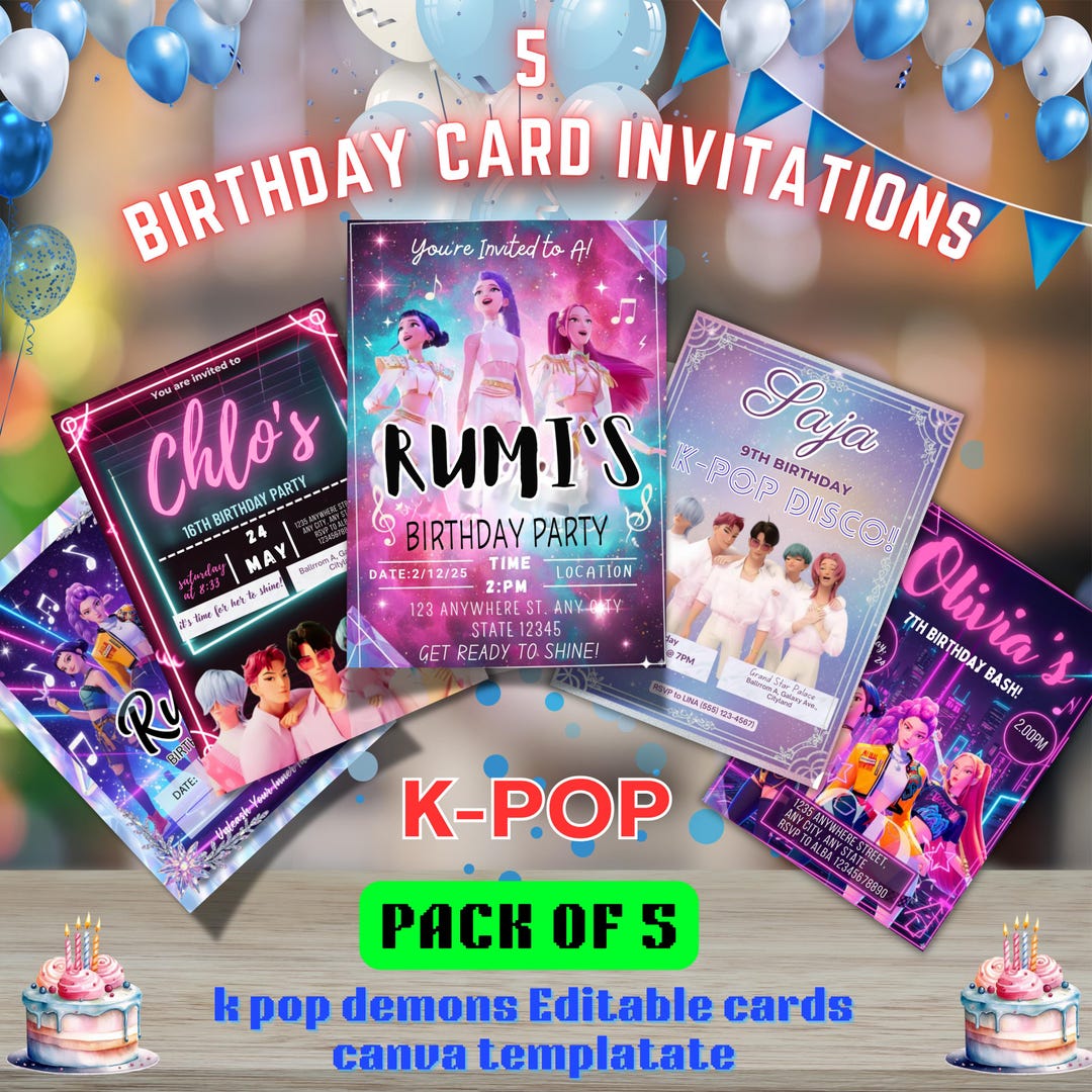 K Pop Demon Hunters | 5 Invitation Card Pack | Saja Boys | Editable ...