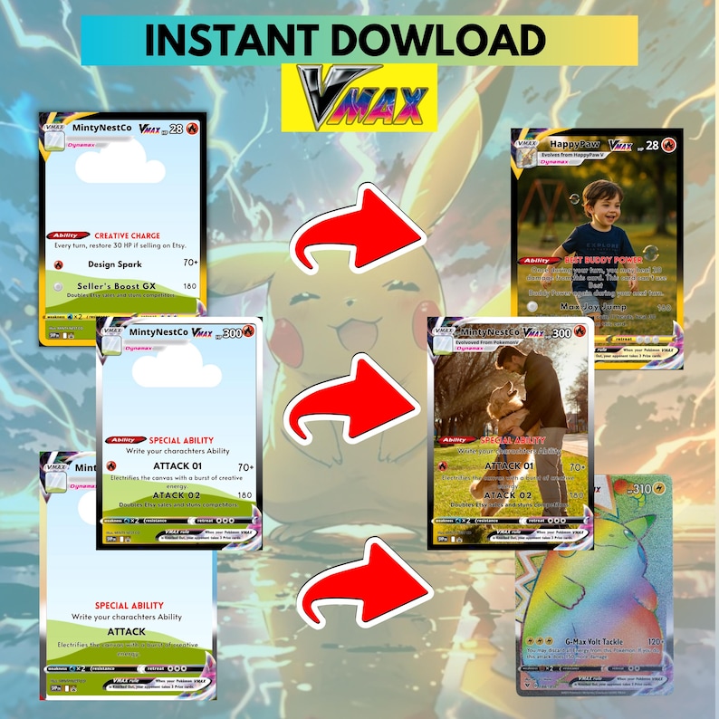 Custom Pokémon Card, VMAX Pokémon Card Canva Template, Pack of 03 Cards ...