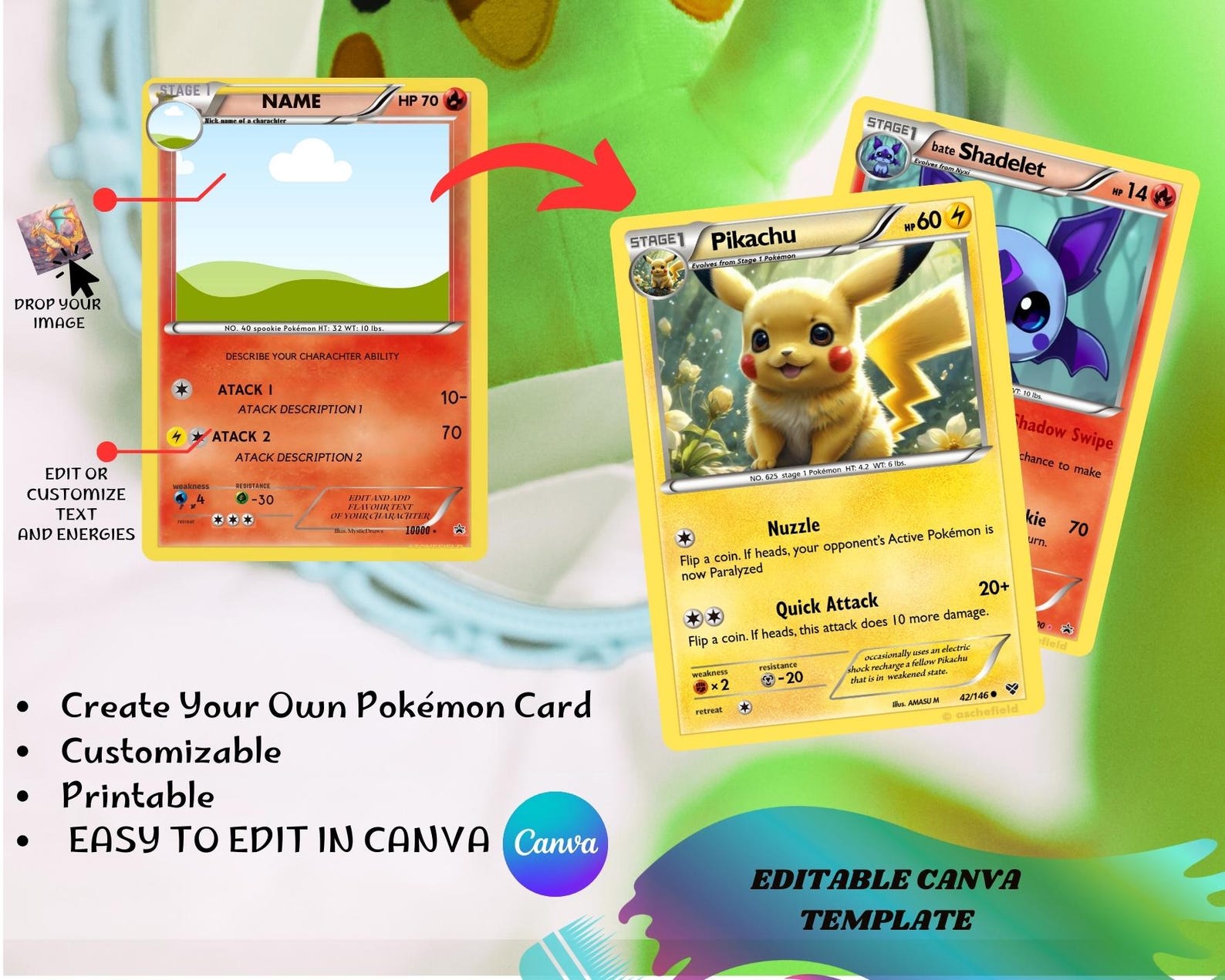 Custom Pokémon Card Canva Template - Editable Birthday Card for Kids ...