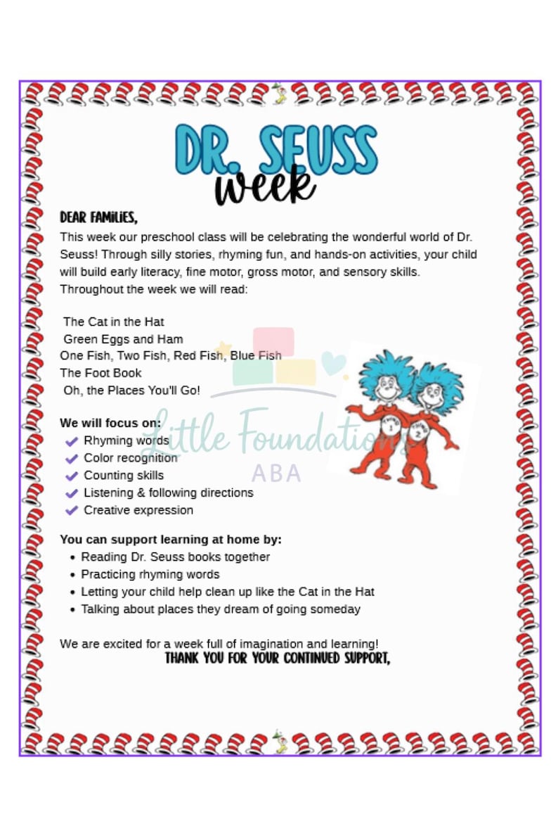 March Themes | Dr. Seuss Preschool Activities | 5 Day Lesson Plan - Etsy